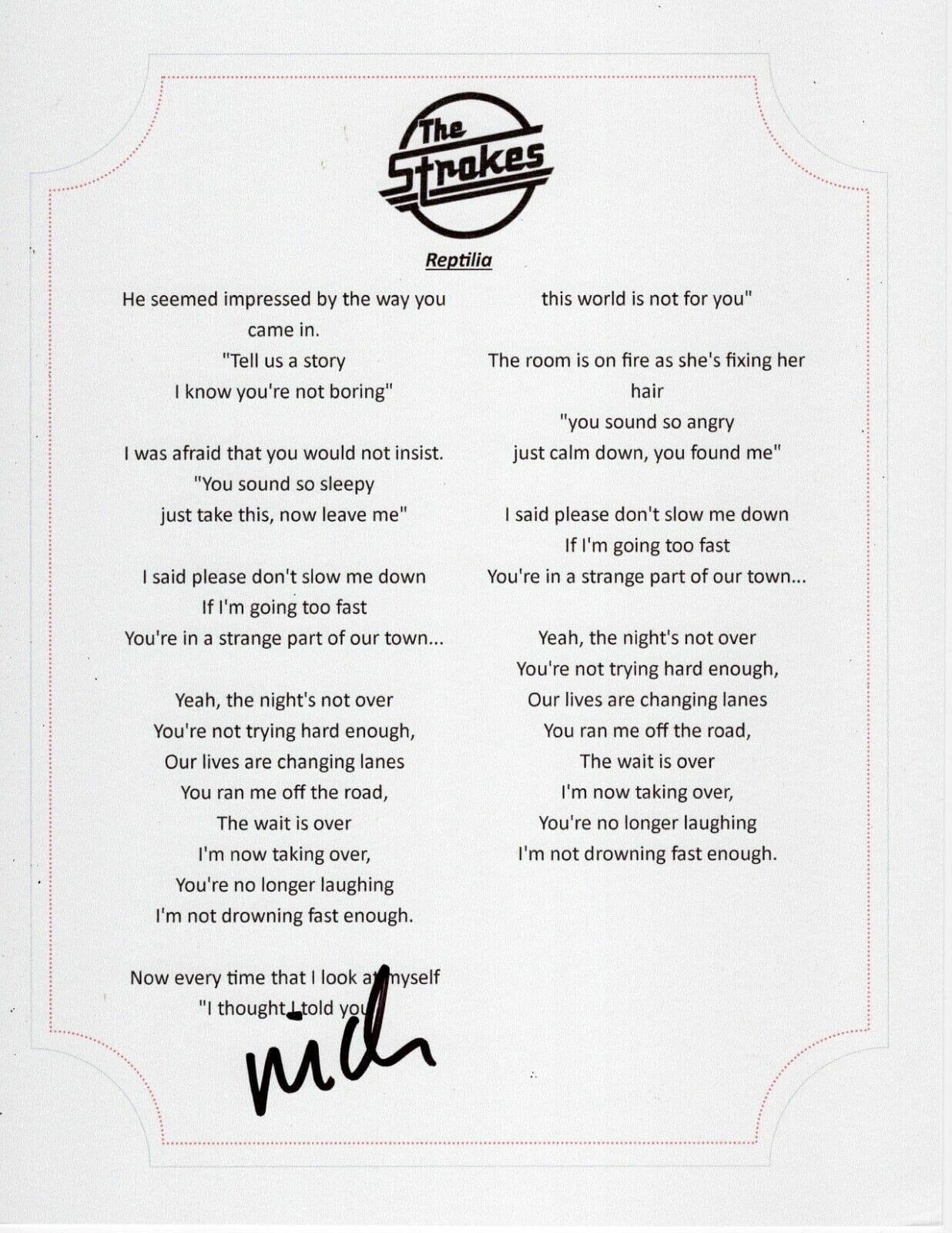 The Strokes Nick Valensi Signed Reptilia Lyric Sheet Autographia