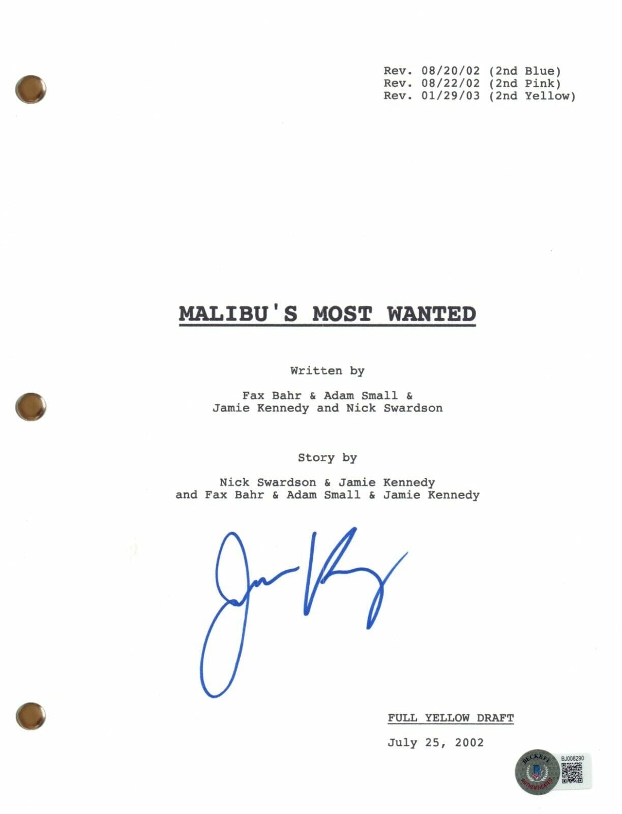Jamie Kennedy Signed Autograph Malibu's Most Wanted Movie Script ...