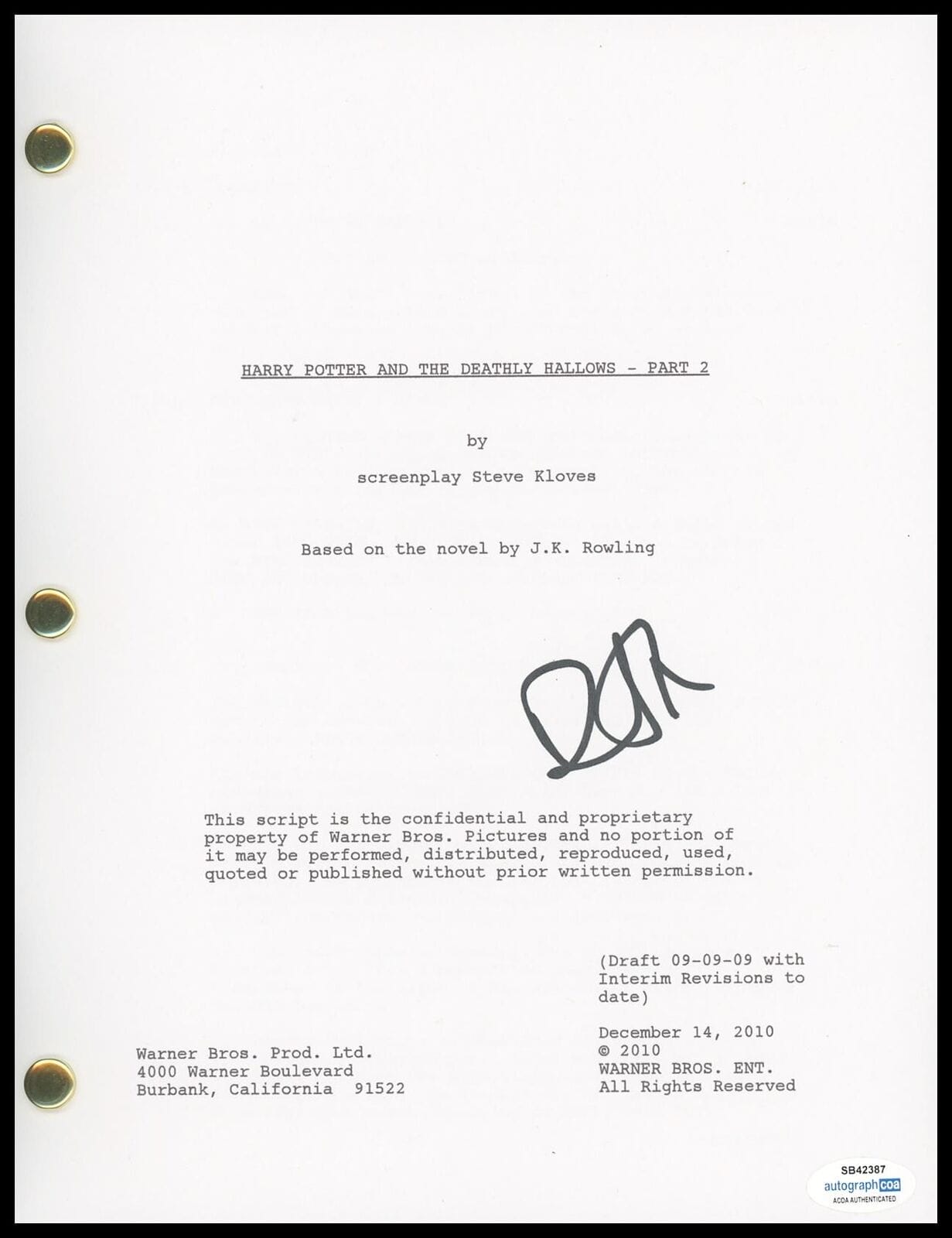 David Heyman "Harry Potter and the Deathly Hallows" SIGNED Script ...